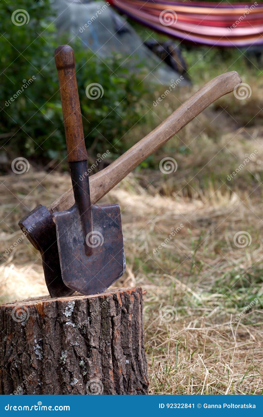 Stump with Axe and Shovel at Camping Stock Image - Image of hatchet ...
