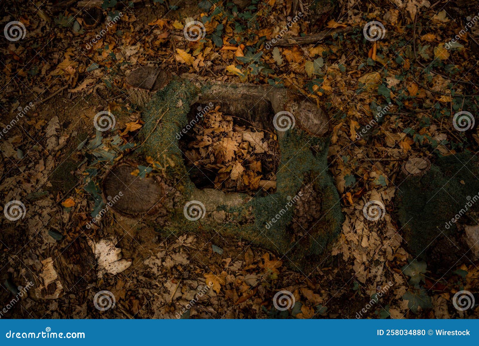 Stump of a Tree with Moss Growth and Fall Leaves in a Forest Stock ...