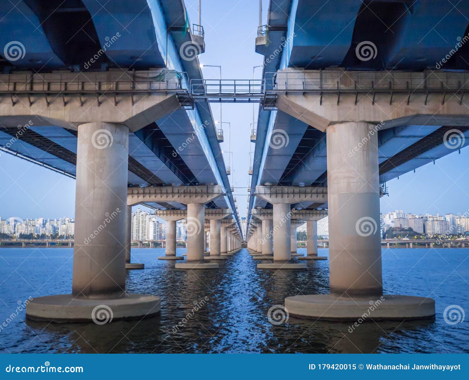 Stump Under Bridge on River and City View Stock Image - Image of travel ...