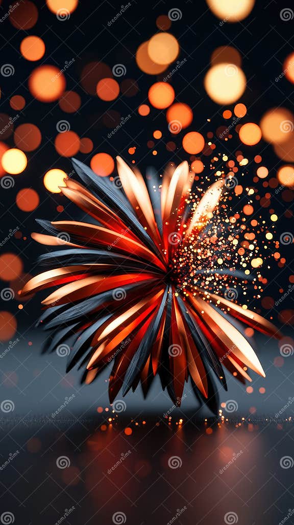 Abstract 3D Render Exploding Black and Copper Flower with Bokeh Lights ...