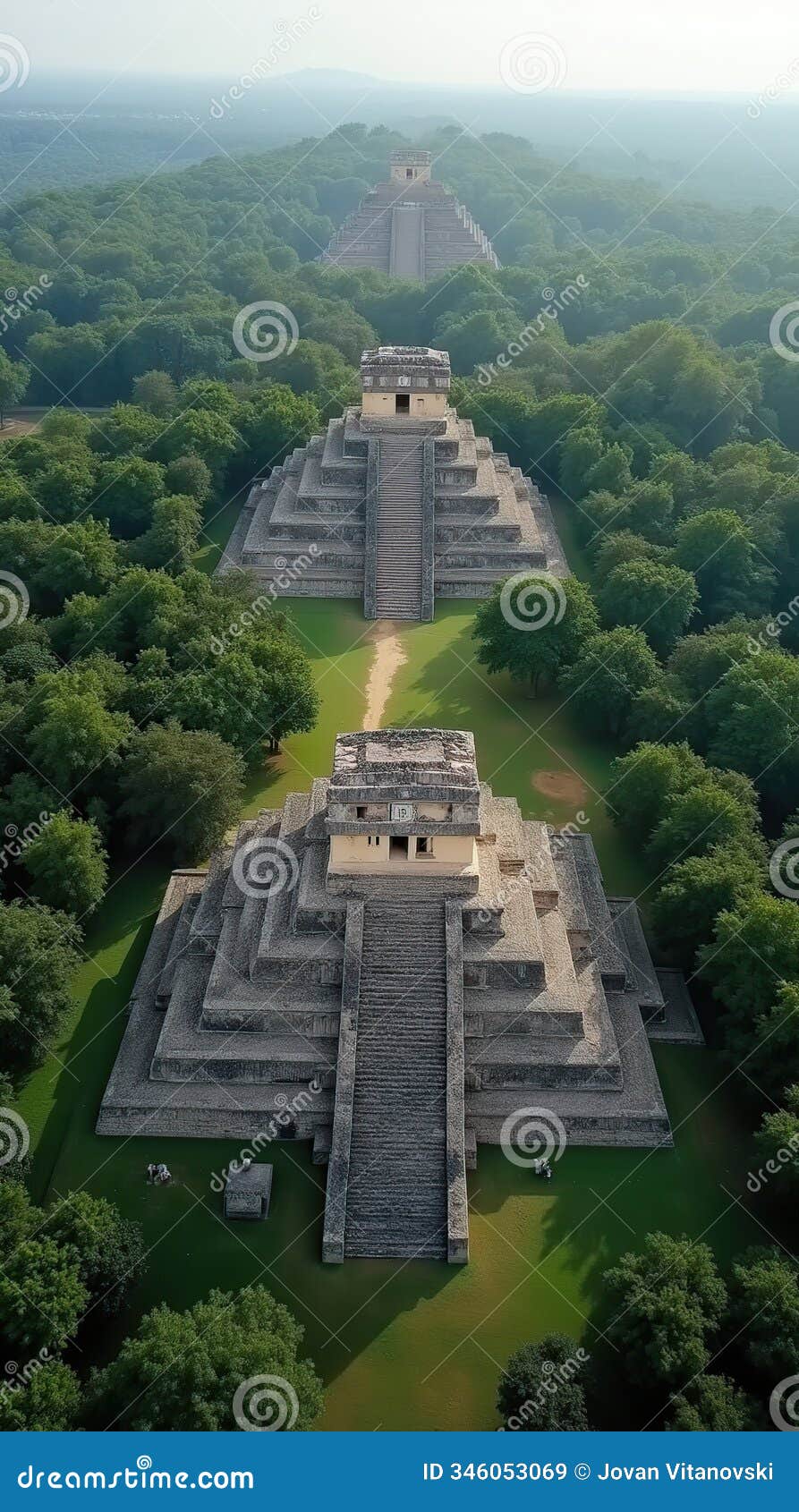 Aerial View of Iconic Mayan Pyramids Surrounded by Lush Forest Stock ...