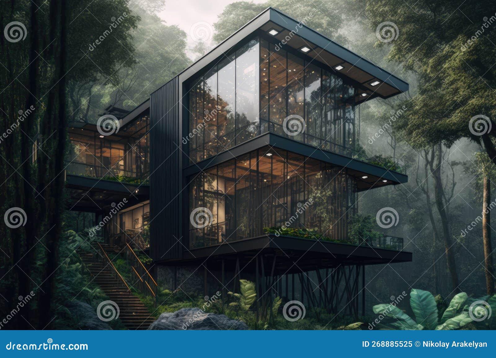 Modern House with Panoramic Windows in the Jungle, AI Generative Stock ...