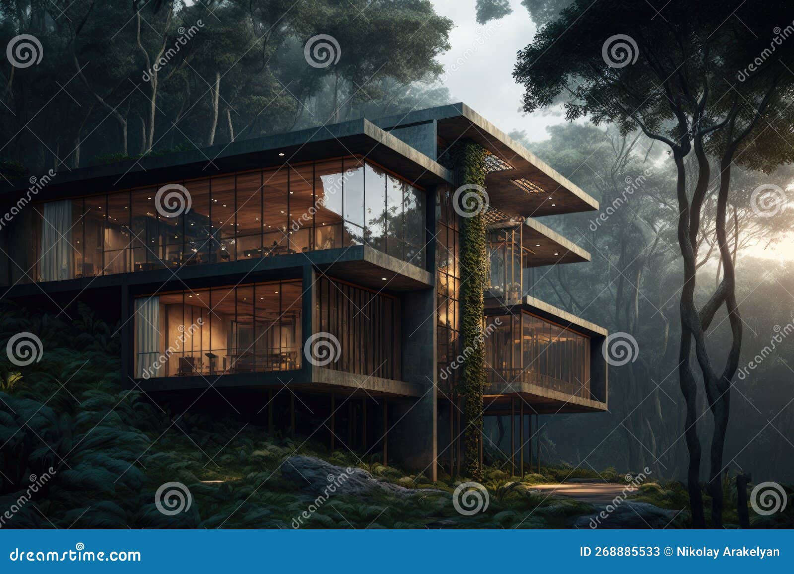 Modern House with Panoramic Windows in the Jungle, AI Generative Stock ...