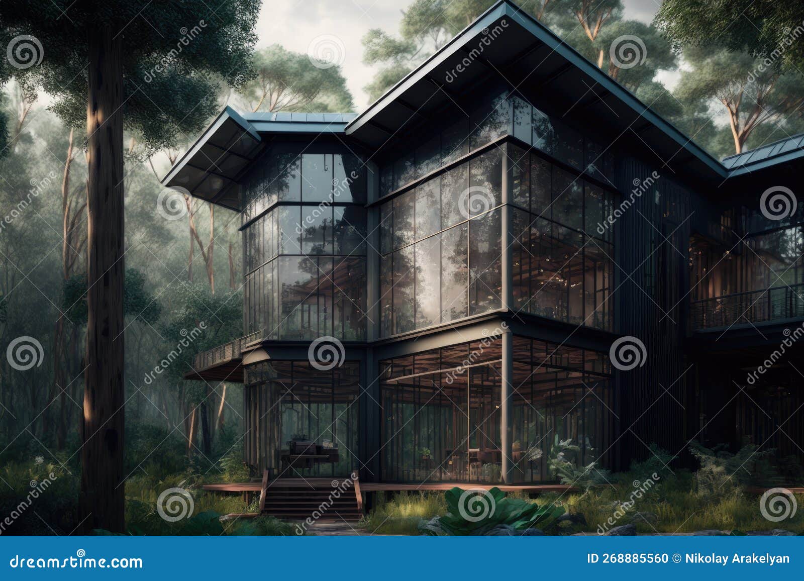 Modern House with Panoramic Windows in the Jungle, AI Generative Stock ...