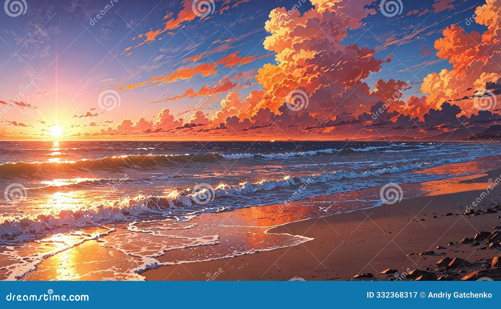 Stunning Anime Sunset Beach with Dramatic Clouds and Reflective Ocean ...