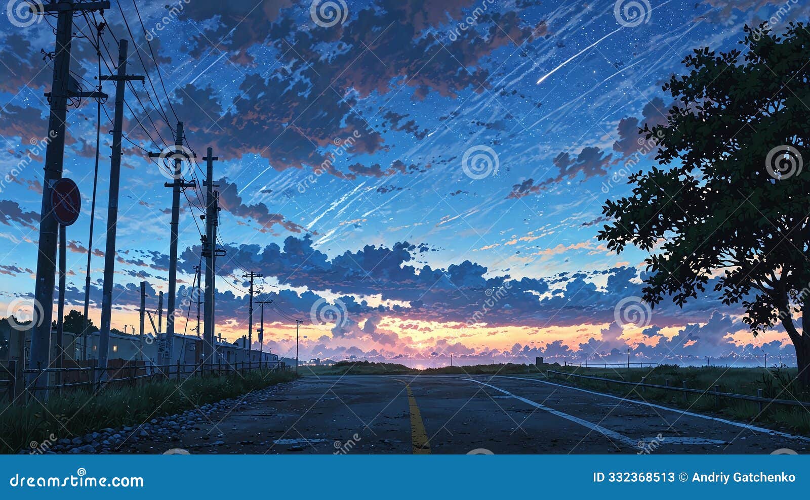 Stunning Anime Sunset Over an Empty Road with Power Lines and Dramatic ...