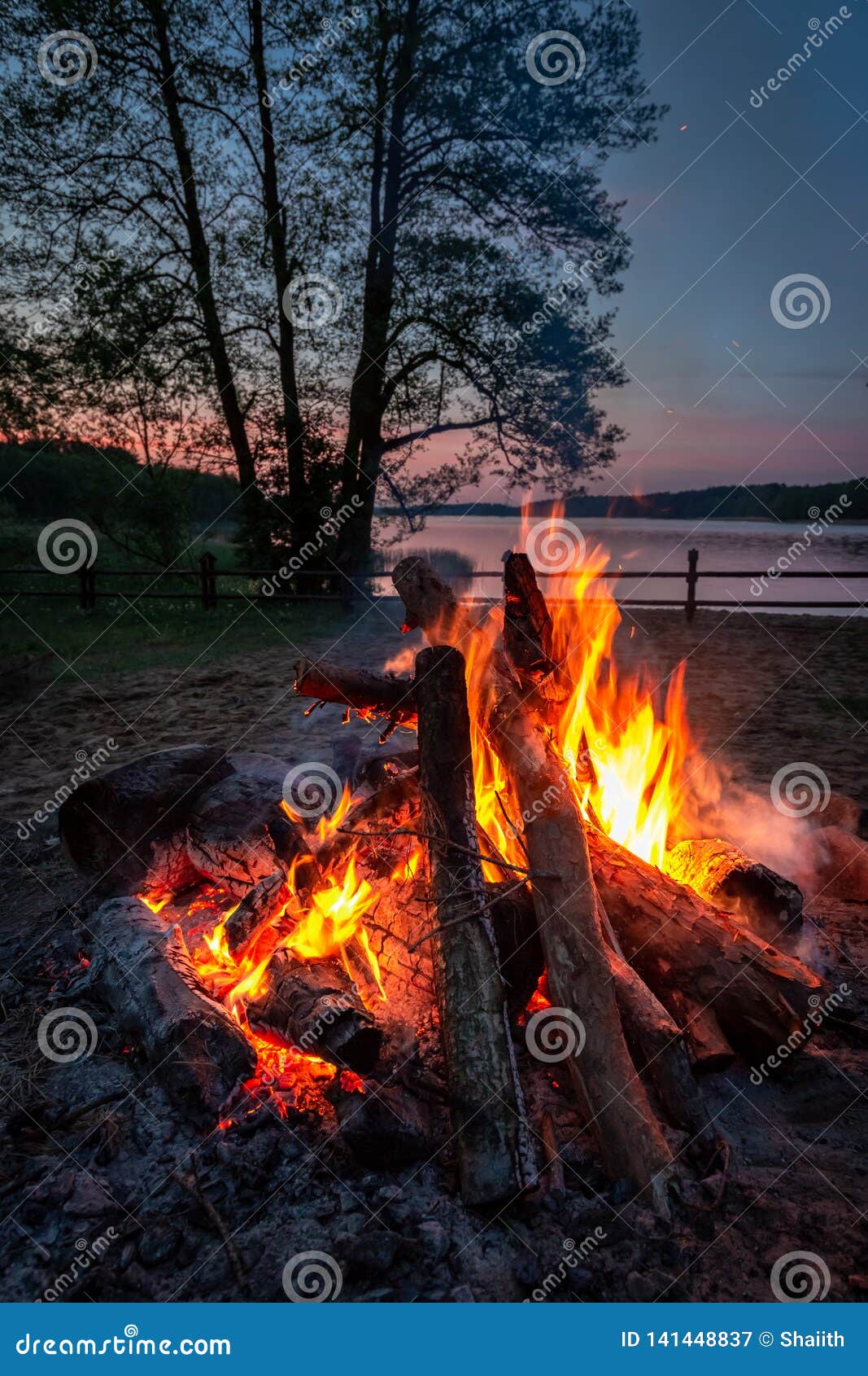 Stunning Bonfire at Dusk by the Lake, Summer in Poland Stock Image ...