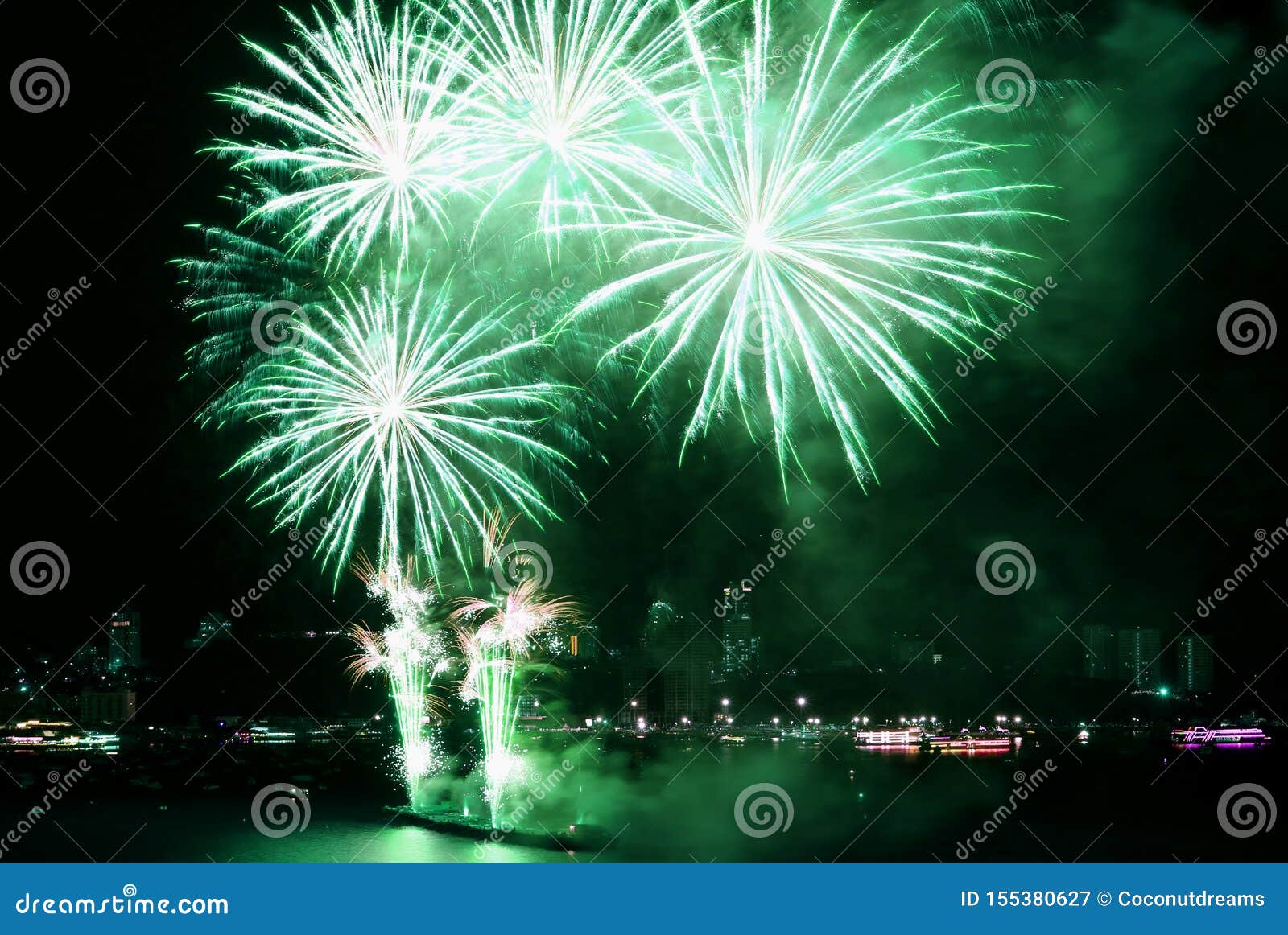 Stunning Bright Green Color Fireworks Exploding in To the Night Sky ...