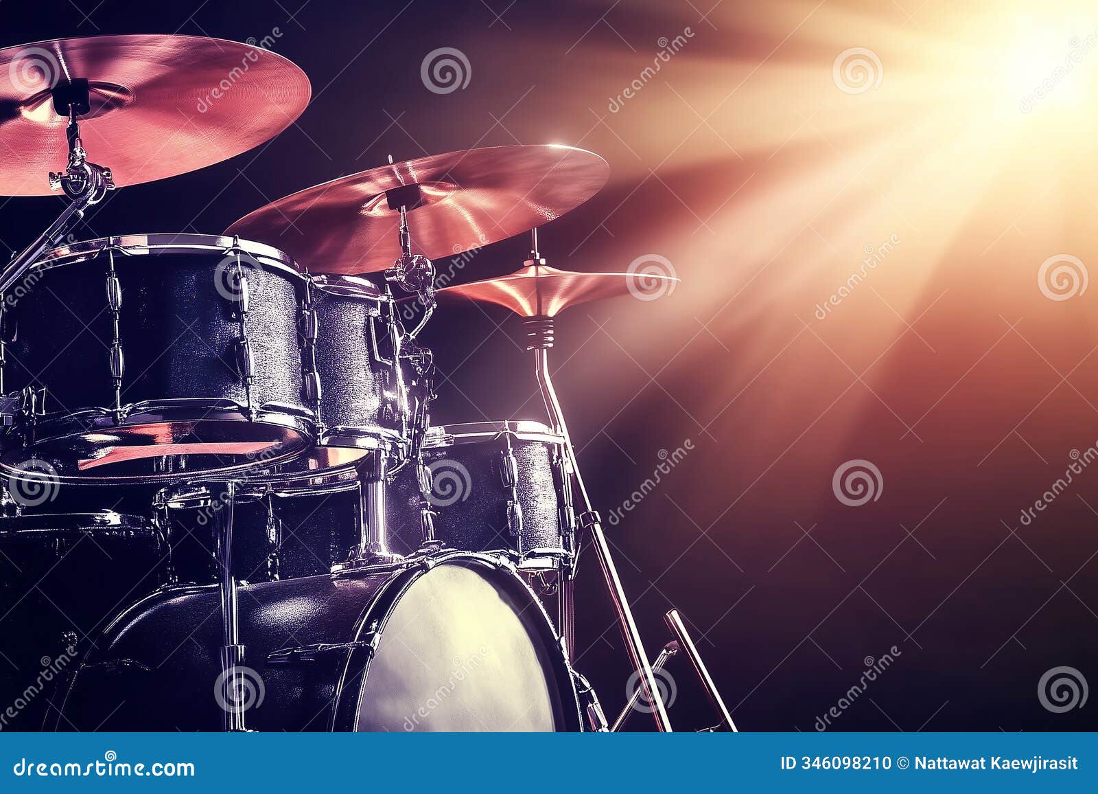 Stunning Close-up of a Drum Set Under Spotlight on Stage with a Dynamic ...