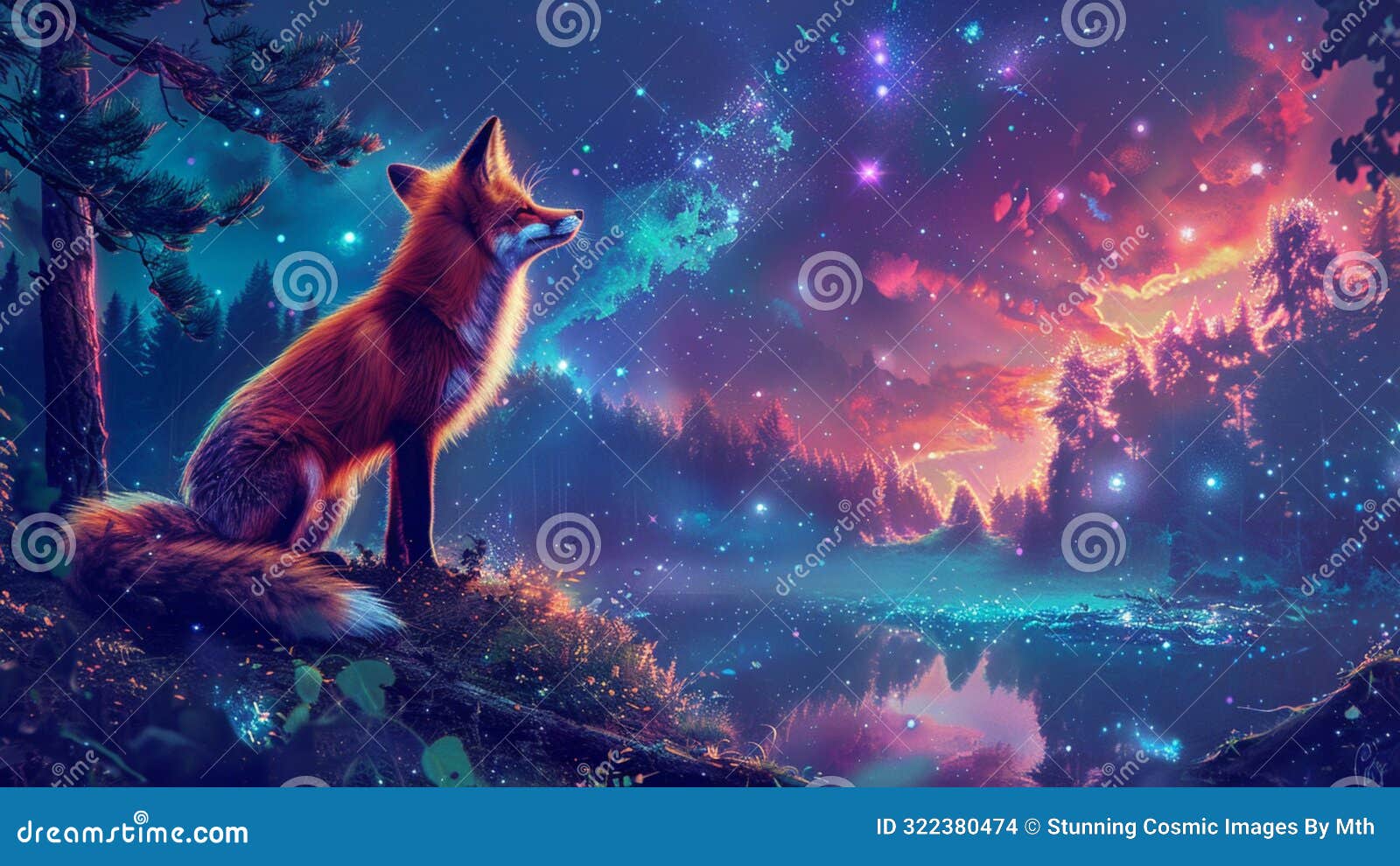 Beautiful Cosmic Fox in a Fantasy Forest in a Starry Nebula Background ...