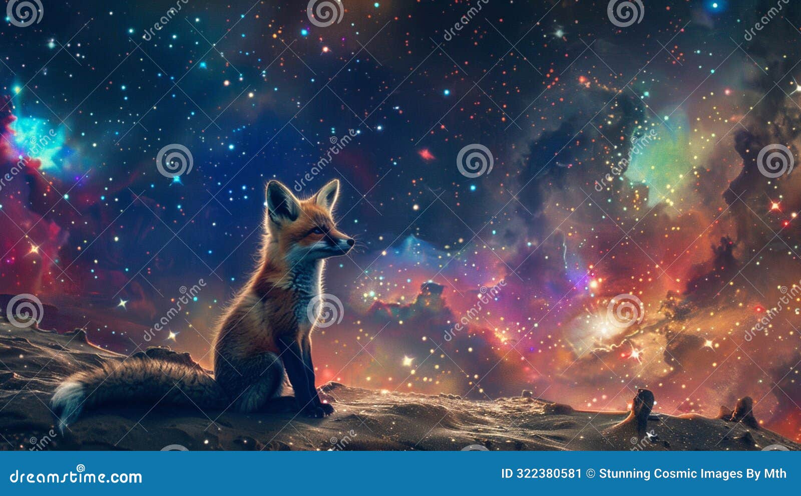 Beautiful Cosmic Fox in a Fantasy Forest in a Starry Nebula Background ...