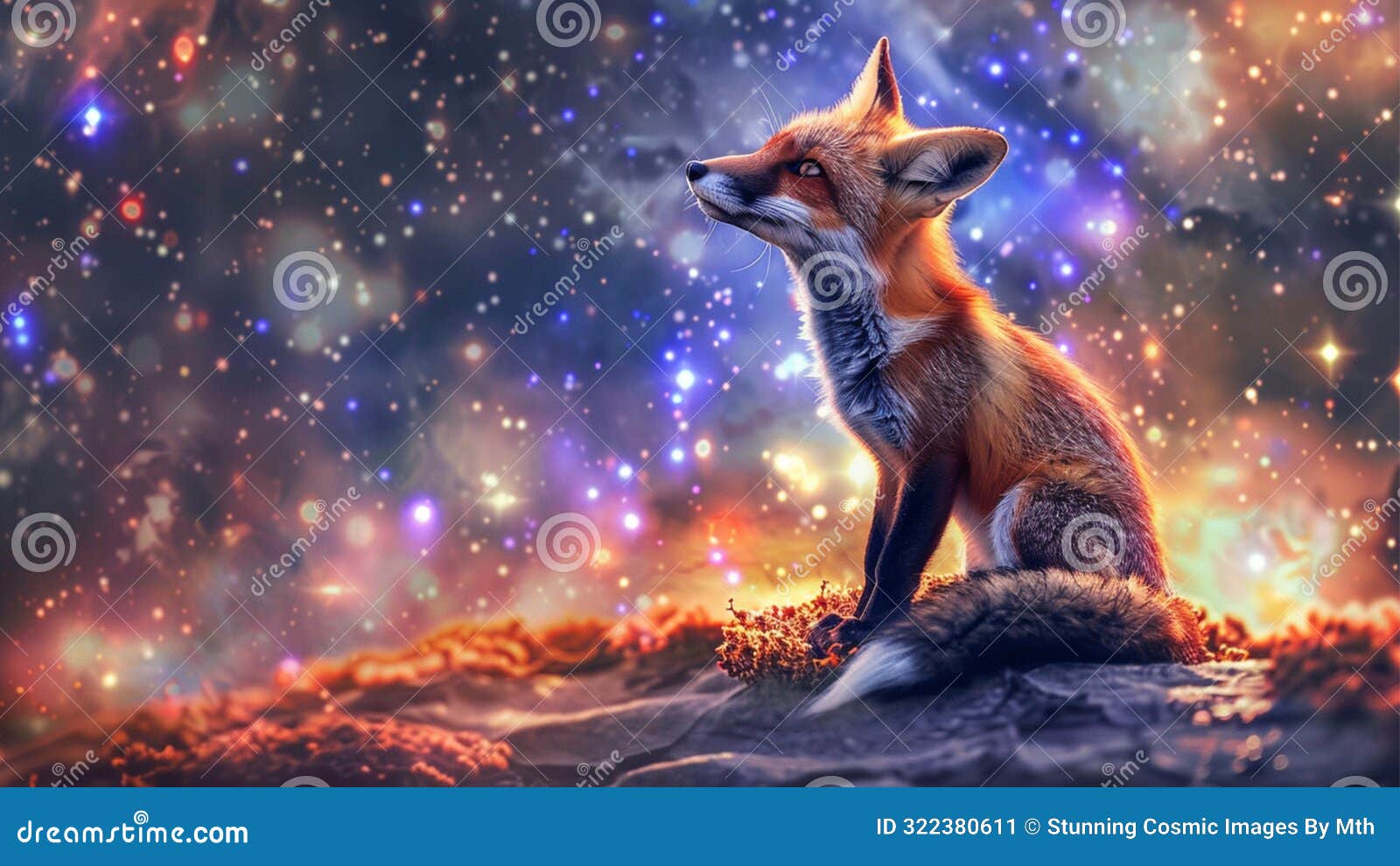 Beautiful Cosmic Fox in a Fantasy Forest in a Starry Nebula Background ...