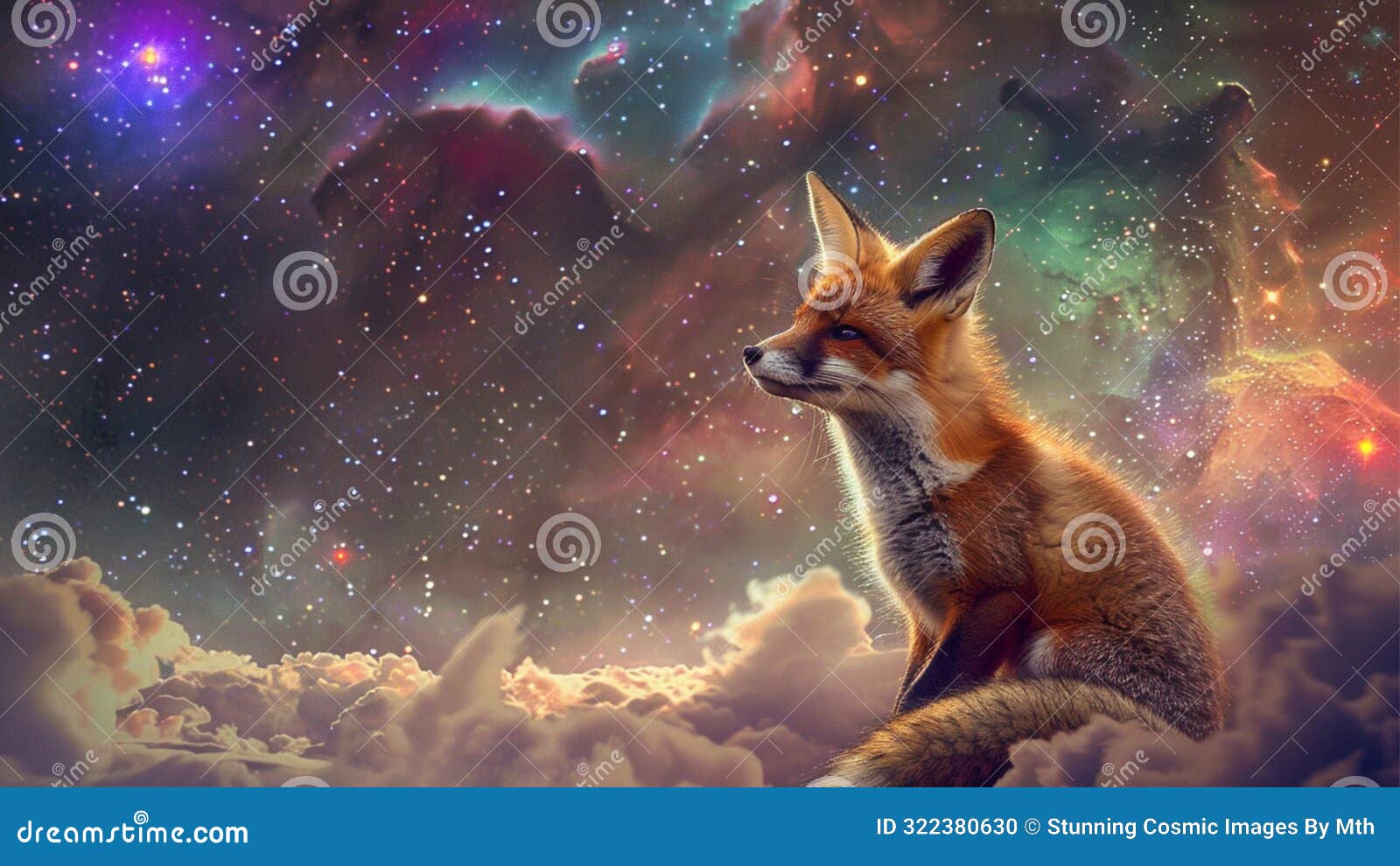 Beautiful Cosmic Fox in a Fantasy Forest in a Starry Nebula Background ...