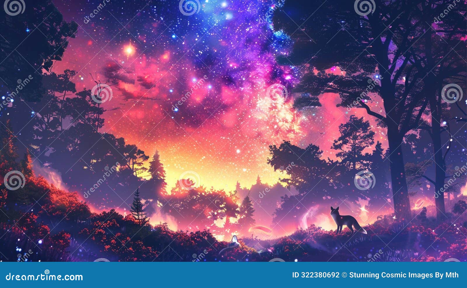 Beautiful Cosmic Fox in a Fantasy Forest in a Starry Nebula Background ...