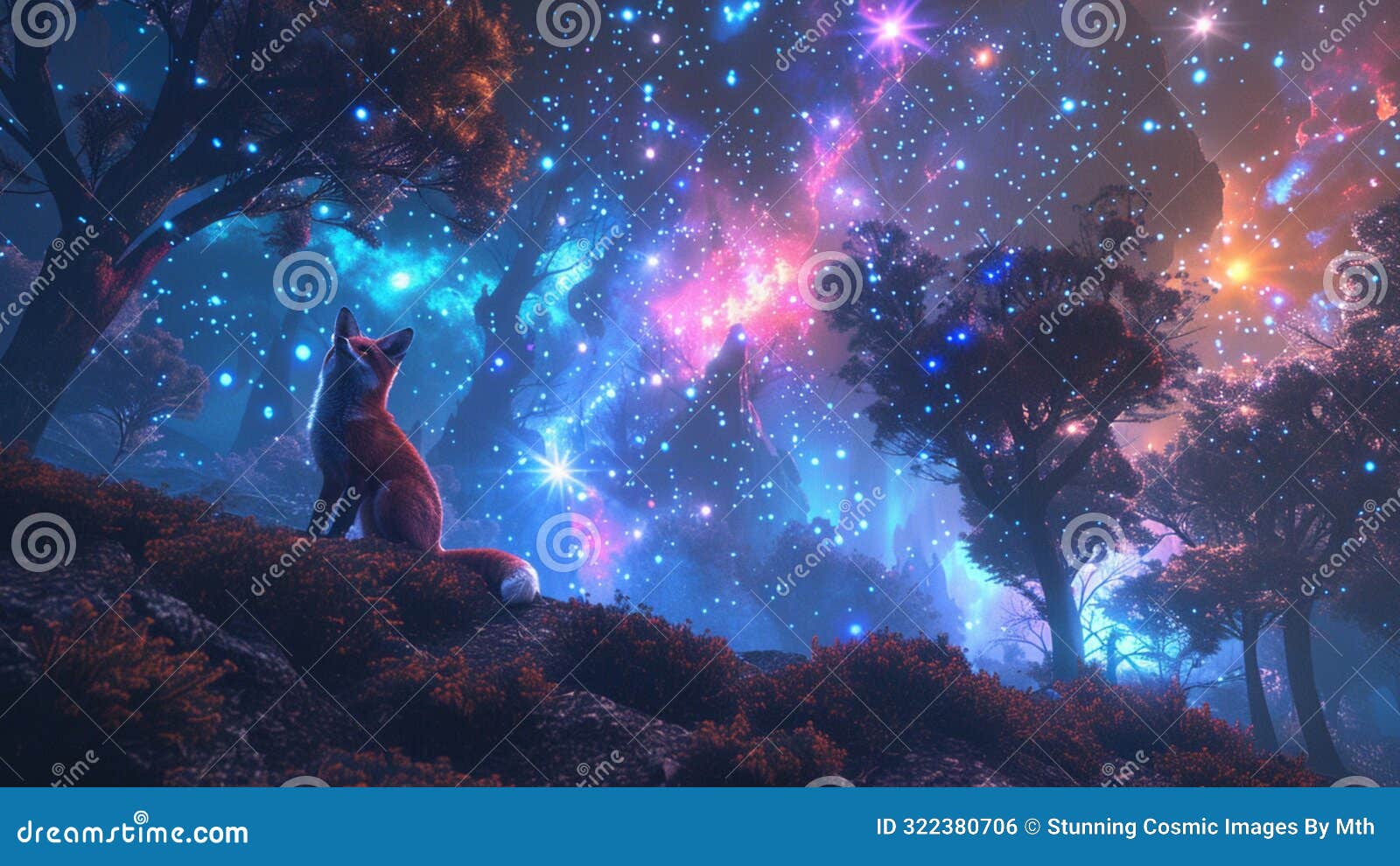 Beautiful Cosmic Fox in a Fantasy Forest in a Starry Nebula Background ...