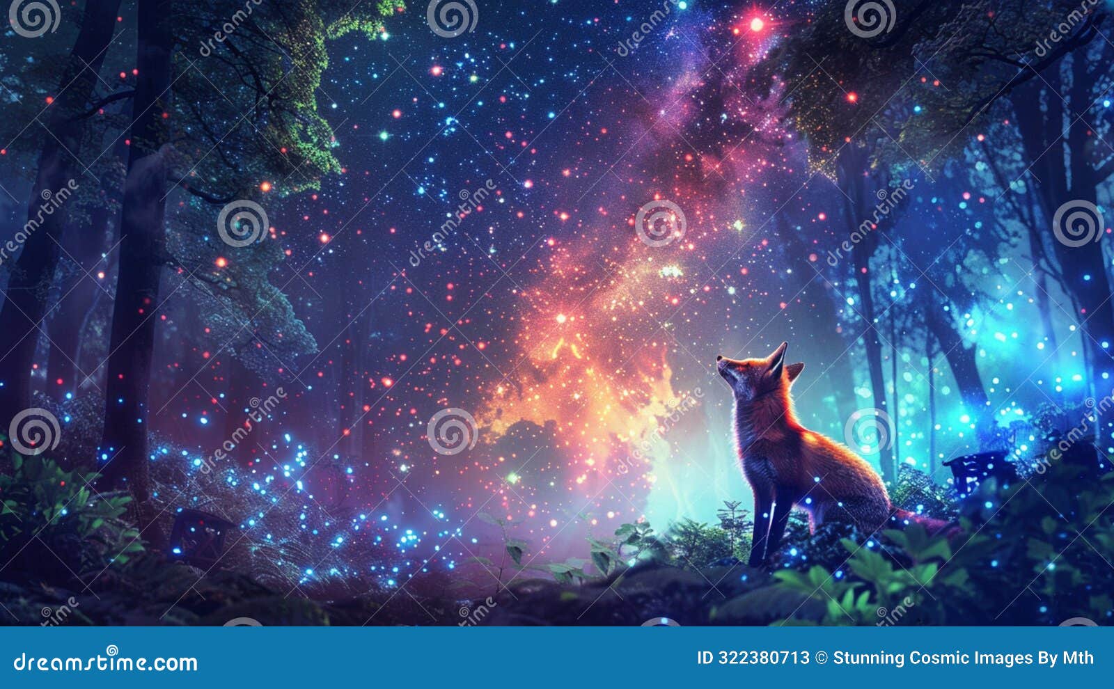 Beautiful Cosmic Fox in a Fantasy Forest in a Starry Nebula Background ...