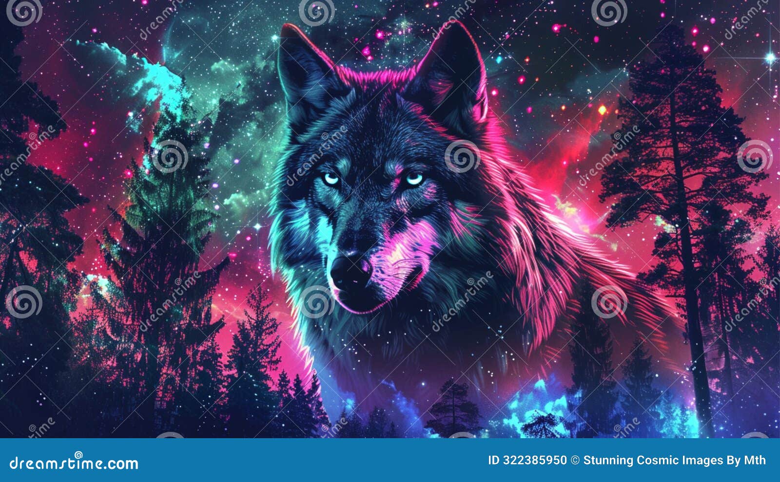 Cosmic Lonely Wolf in a Beautiful Forest in a Starry Nebula Background ...