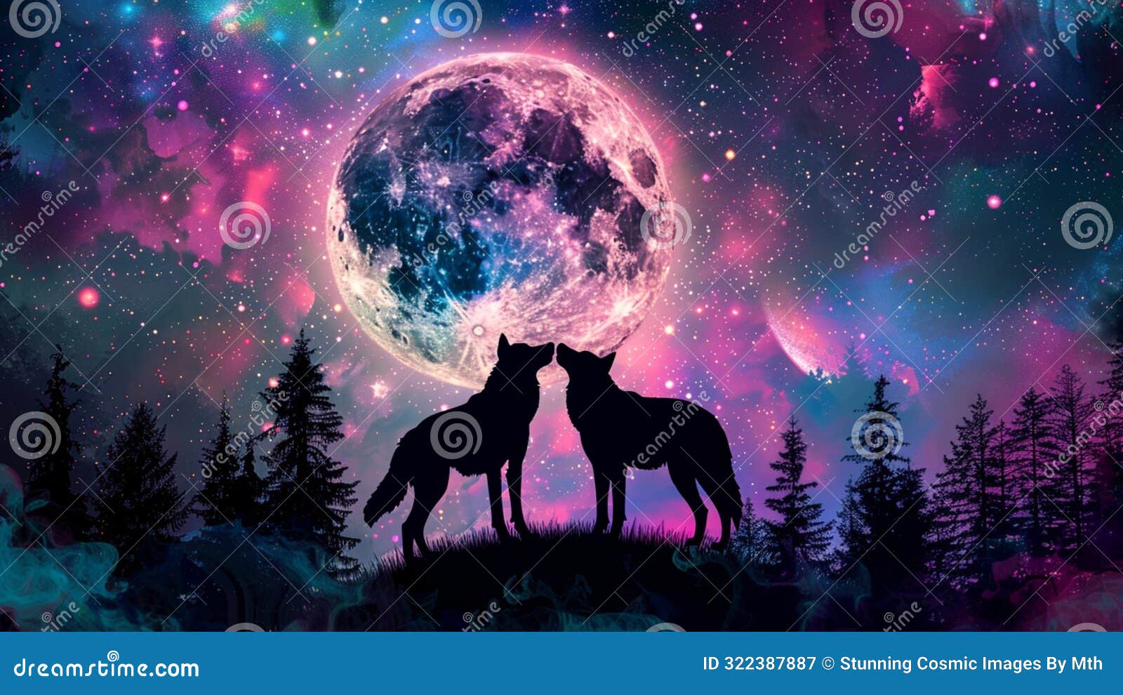 Cosmic Couple of Wolves in Love in a Beautiful Forest in a Starry ...