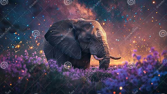 Cosmic Elephant in a Beautiful African Jungle in a Dreamy Starry Nebula ...