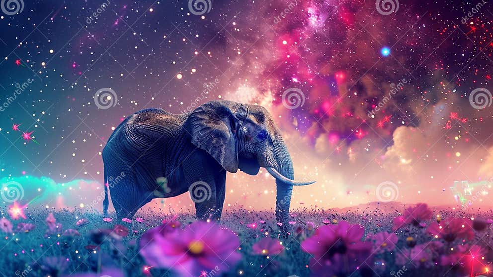 Cosmic Elephant in a Beautiful African Jungle in a Dreamy Starry Nebula ...