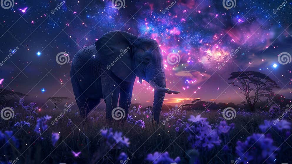Cosmic Elephant in a Beautiful African Jungle in a Dreamy Starry Nebula ...