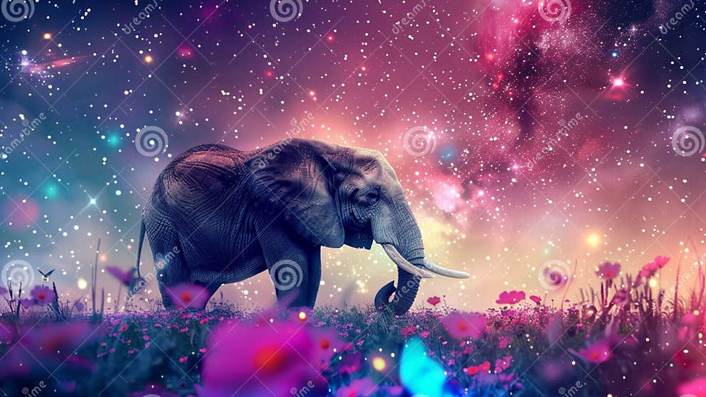 Cosmic Elephant in a Beautiful African Jungle in a Dreamy Starry Nebula ...