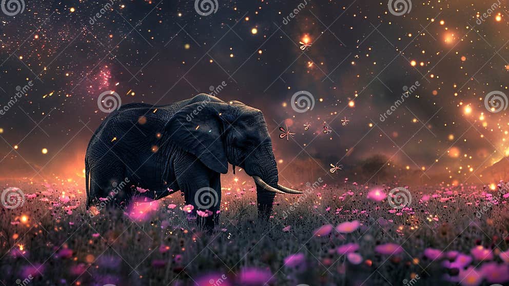 Cosmic Elephant in a Beautiful African Jungle in a Dreamy Starry Nebula ...