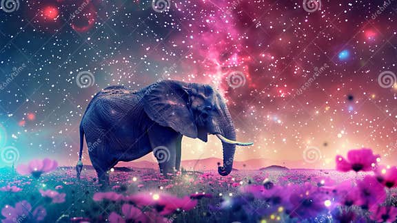 Cosmic Elephant in a Beautiful African Jungle in a Dreamy Starry Nebula ...