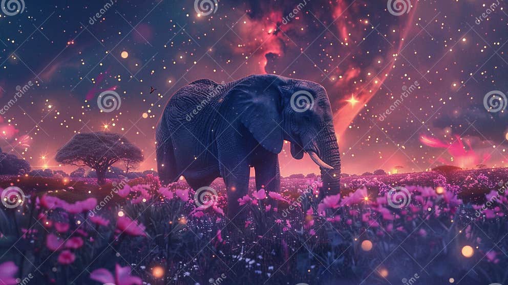 Cosmic Elephant in a Beautiful African Jungle in a Dreamy Starry Nebula ...