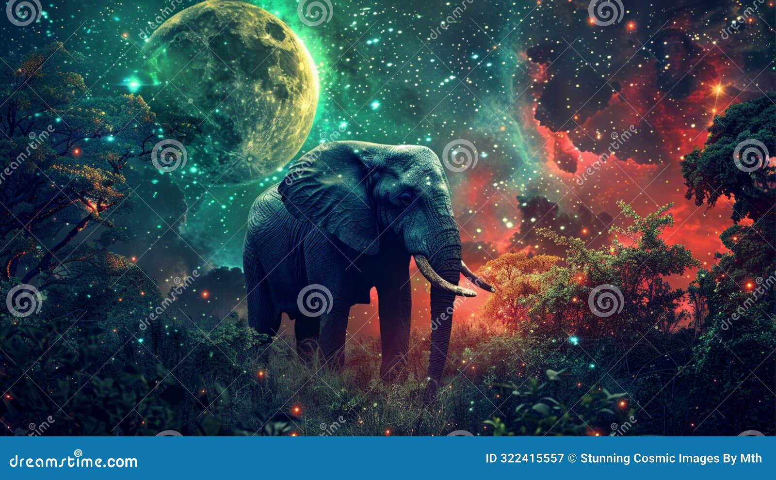 Cosmic Elephant in a Beautiful African Jungle in a Dreamy Starry Nebula ...