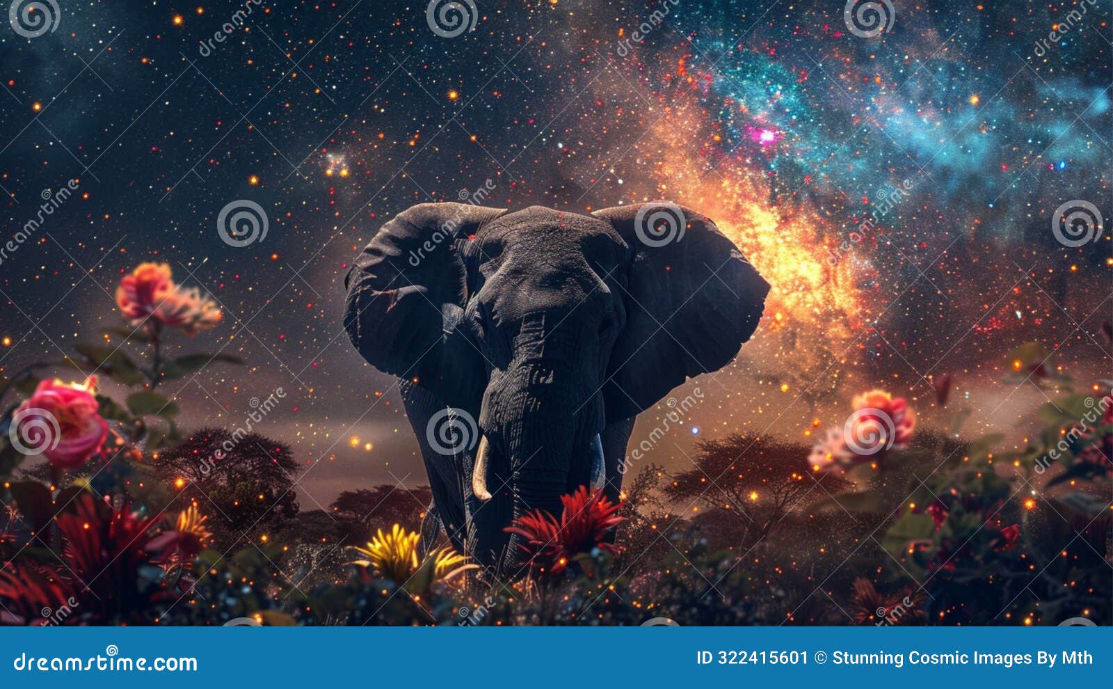 Cosmic Elephant in a Beautiful African Jungle in a Dreamy Starry Nebula ...