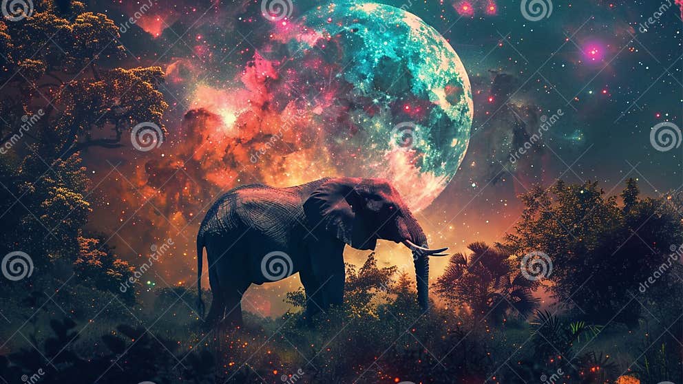 Cosmic Elephant in a Beautiful African Jungle in a Dreamy Starry Nebula ...