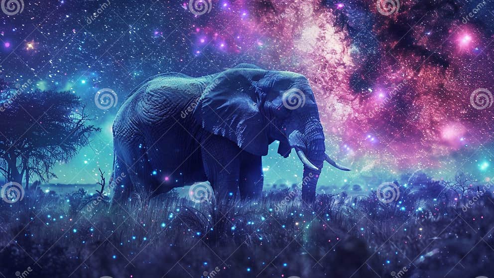 Cosmic Elephant in a Beautiful African Jungle in a Dreamy Starry Nebula ...