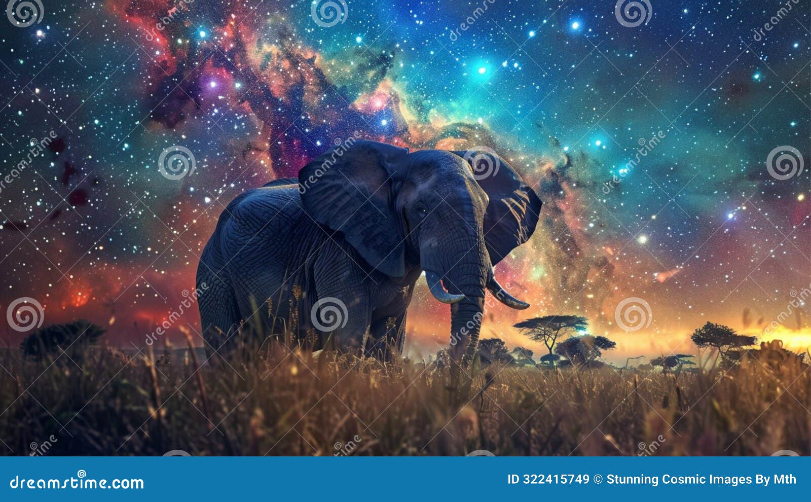 Cosmic Elephant in a Beautiful African Jungle in a Dreamy Starry Nebula ...