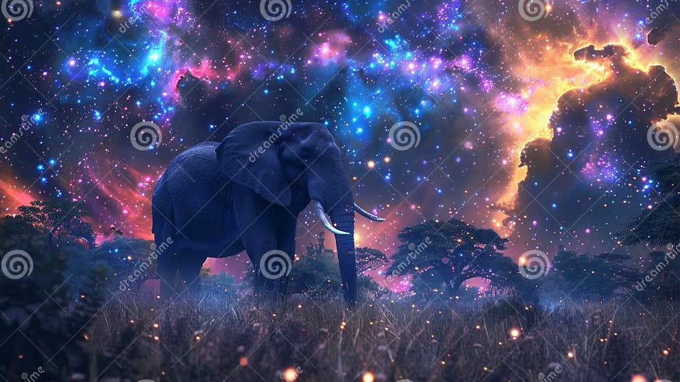Cosmic Elephant in a Beautiful African Jungle in a Dreamy Starry Nebula ...