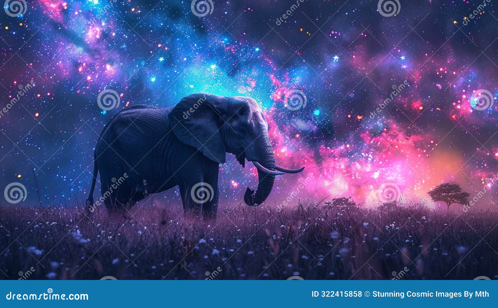 Cosmic Elephant in a Beautiful African Jungle in a Dreamy Starry Nebula ...