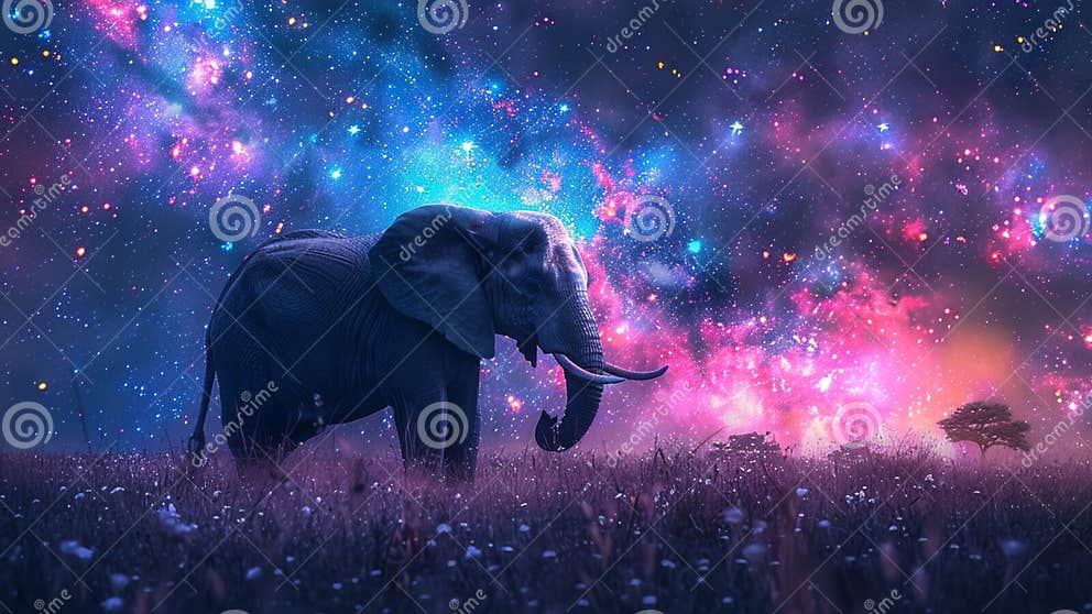 Cosmic Elephant in a Beautiful African Jungle in a Dreamy Starry Nebula ...