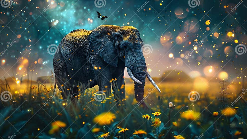 Cosmic Elephant in a Beautiful African Jungle in a Dreamy Starry Nebula ...