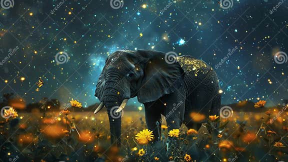 Cosmic Elephant in a Beautiful African Jungle in a Dreamy Starry Nebula ...