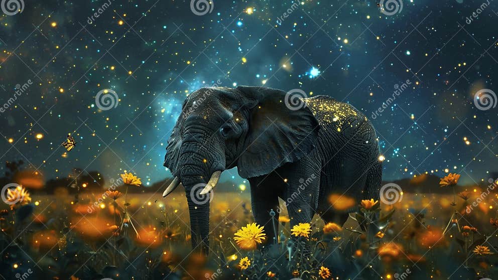 Cosmic Elephant in a Beautiful African Jungle in a Dreamy Starry Nebula ...