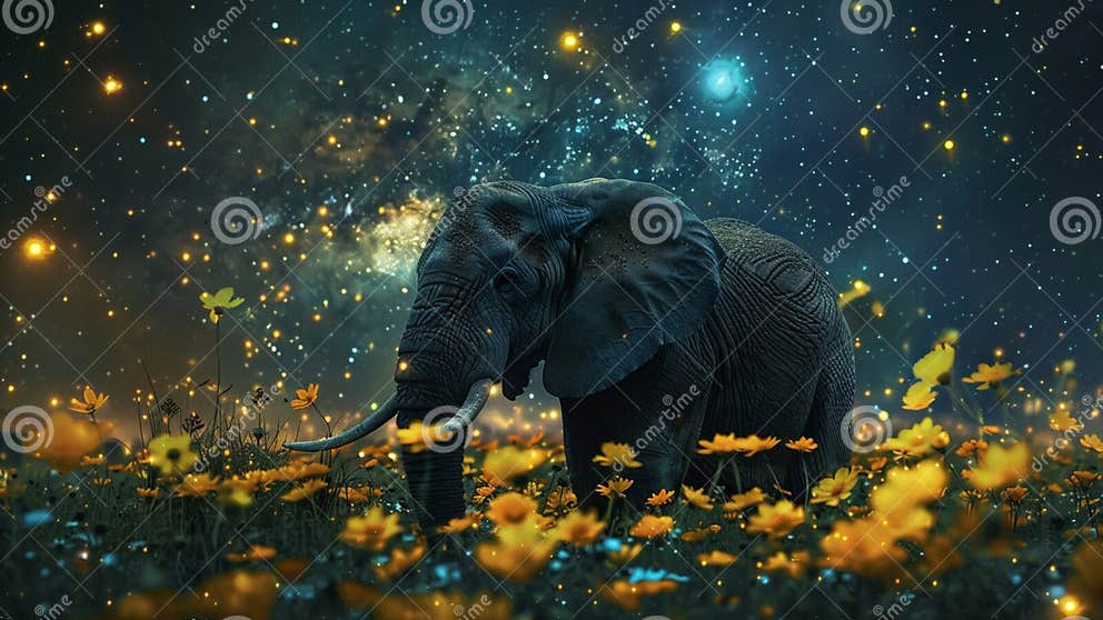 Cosmic Elephant in a Beautiful African Jungle in a Dreamy Starry Nebula ...