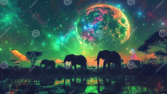 Pack of Cosmic Elephants in a Beautiful African Jungle in a Dreamy ...