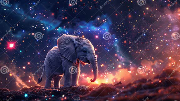 Adorable Baby Elephant in a Beautiful Colorful Dreamy Cosmic Nebula ...