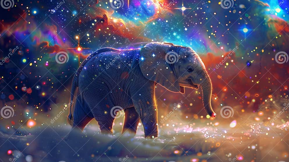 Adorable Baby Elephant in a Beautiful Colorful Dreamy Cosmic Nebula ...