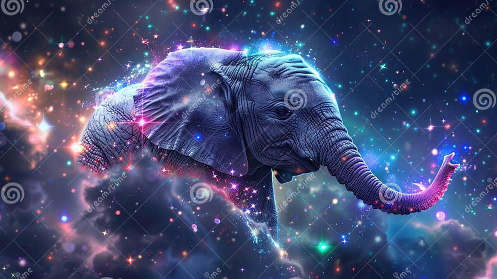 Adorable Baby Elephant in a Beautiful Colorful Dreamy Cosmic Nebula ...