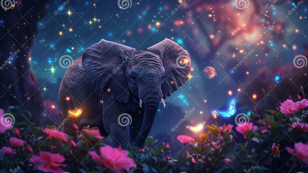 Adorable Baby Elephant in a Beautiful Colorful Dreamy Cosmic Nebula ...