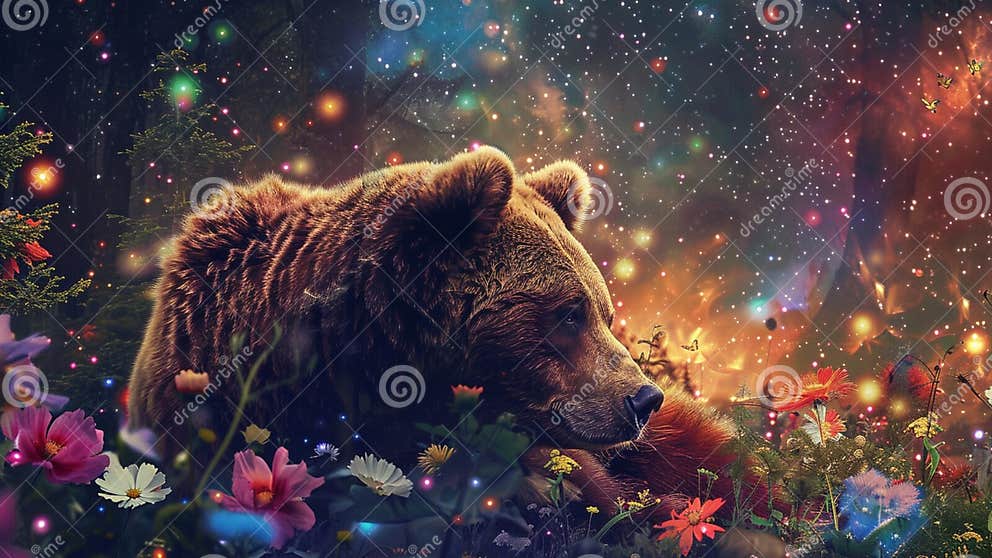 Cosmic Brown Bear in Beautiful Dreamlike Woods Surrounded by Lush ...