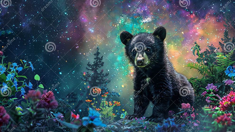 Cosmic Baby Black Bear Cub in Beautiful Dreamlike Woods Surrounded by ...