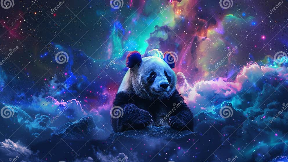 Cosmic Panda Bear on a Beautiful Dreamlike Cloud Surrounded a Dreamy ...