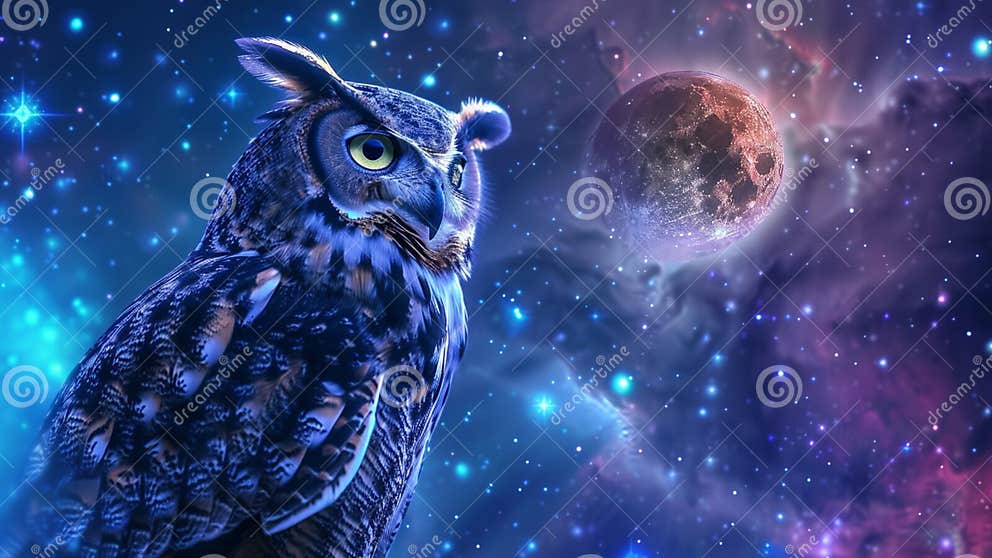 Cute Cosmic Owl in a Beautiful Dreamlike Starry Nebula Background with ...